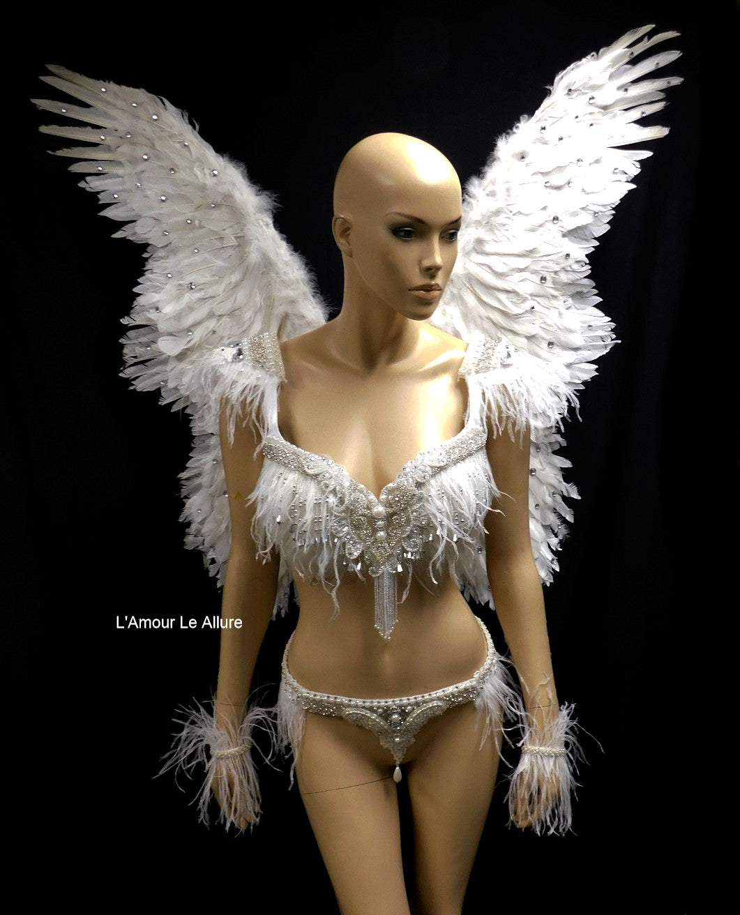 White Rhinestone Feather Angel Bra and Skirt Costume – L'Amour Le Allure