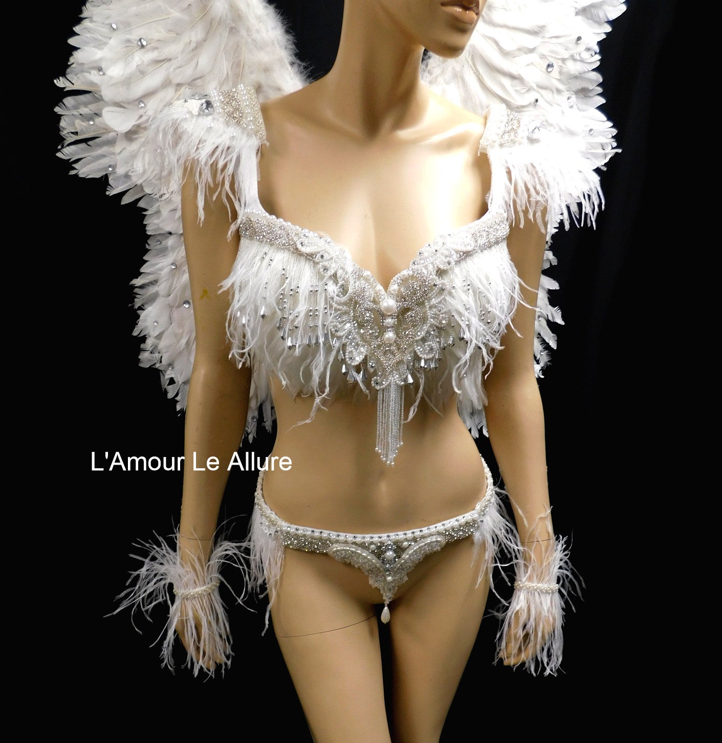 White Rhinestone Feather Angel Bra and Skirt Costume – L'Amour Le Allure