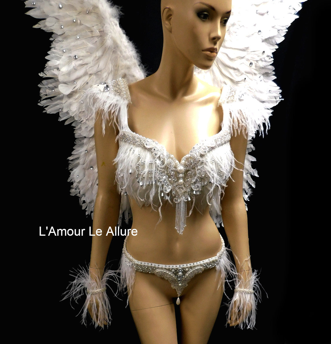 White Rhinestone Feather Angel Bra and Skirt Costume – L'Amour Le Allure
